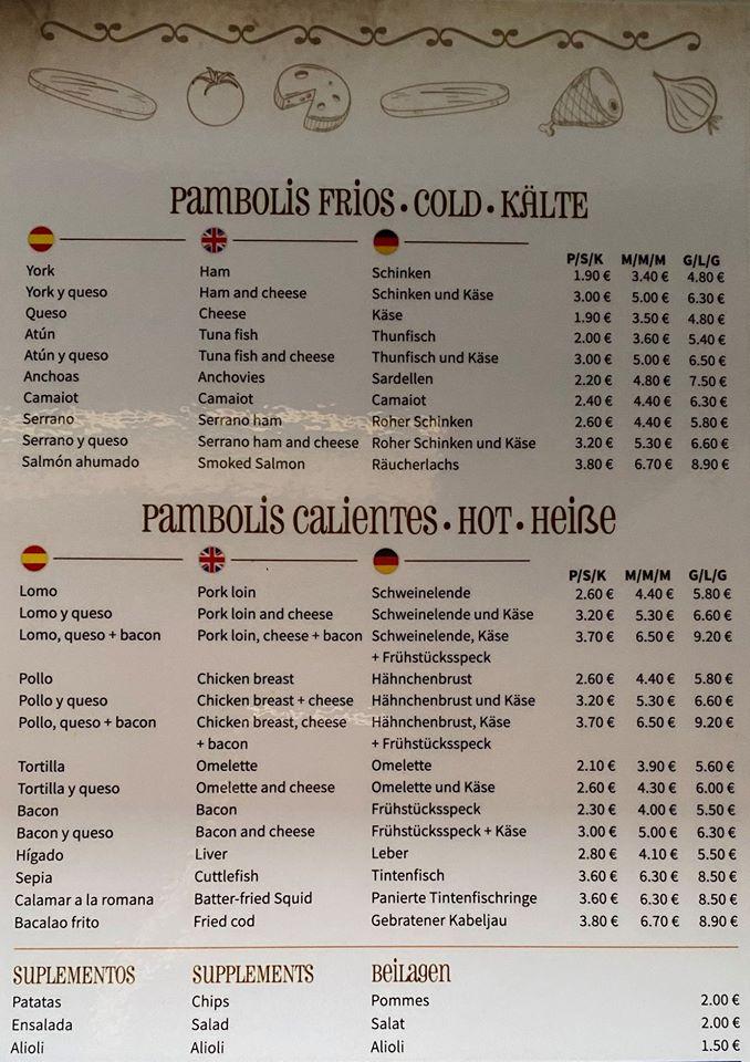 Carta de Bar Mingo, Manacor
