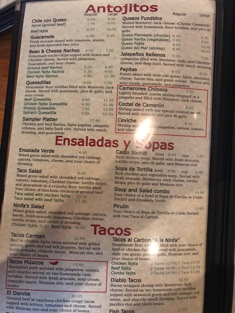 Menu at Ninfa's restaurant, Houston, Gulf Fwy