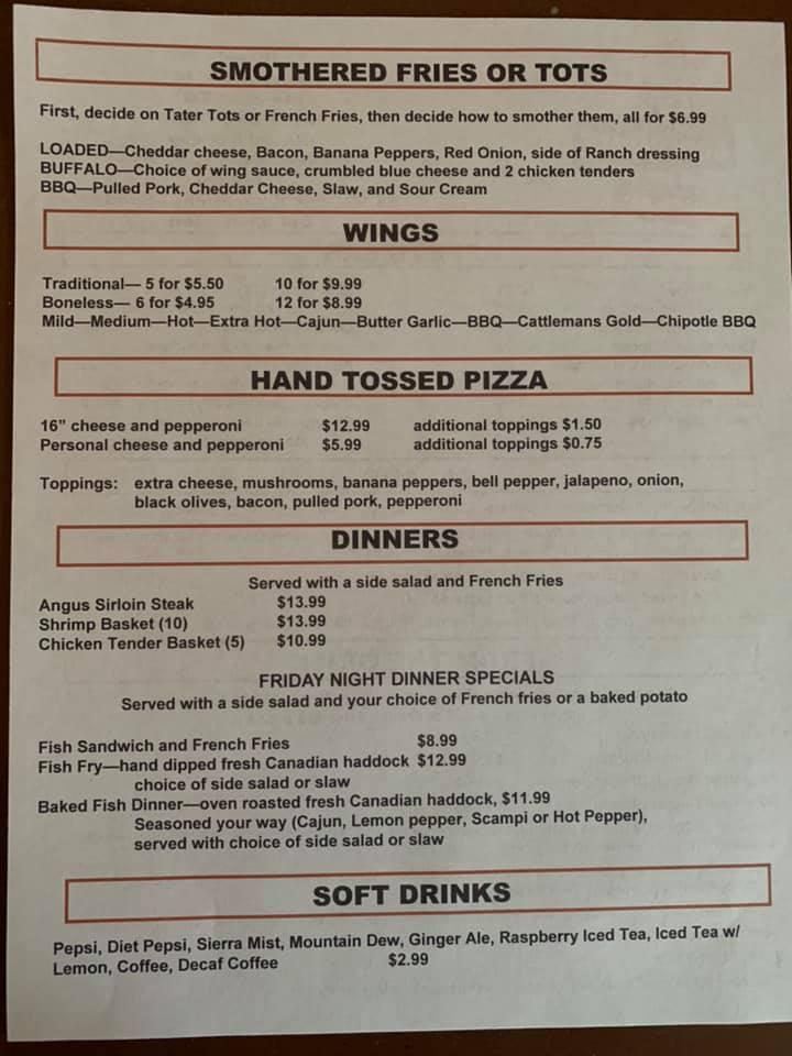 Menu at The Cow Palace Bar & Grille, Limestone, 72 Hillside Dr