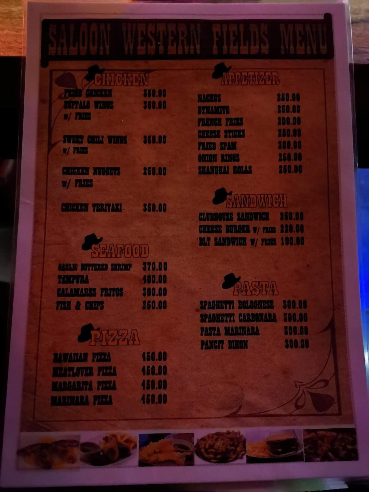 Menu at Western Fields pub & bar, Angeles