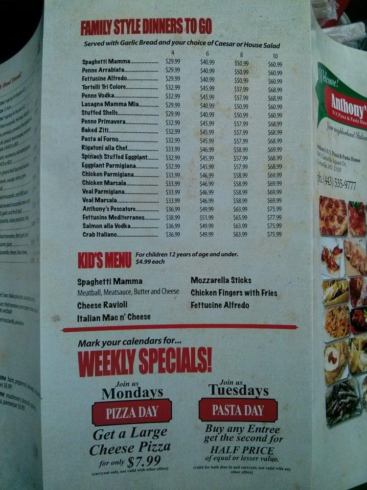 Menu at Anthony's NY Pizza and Pasta House pizzeria, Clarksville