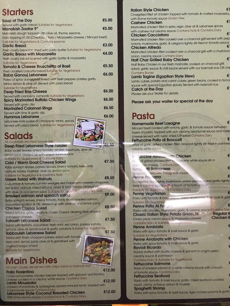 Menu at Cafe Oasis, Dublin