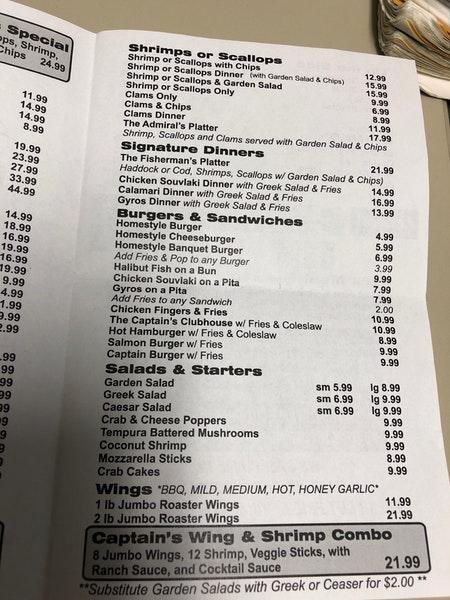 Menu at Captain George's Fish & Chips restaurant, Quinte West