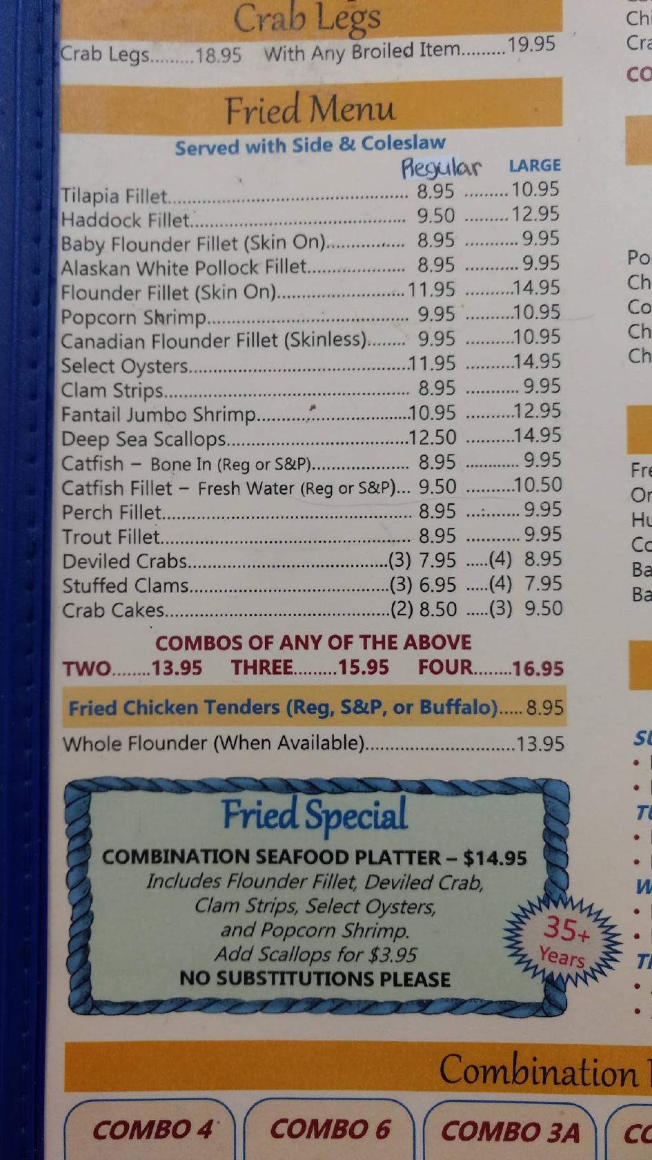 Menu at Captain's Galley restaurant, Stony Point