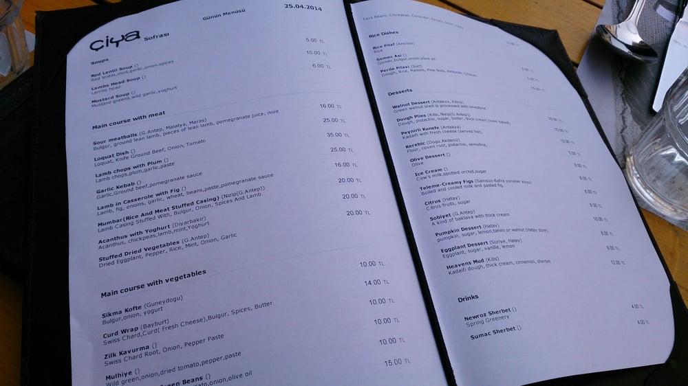 Menu at Çiya Sofrası, Istanbul, Güneşli Bahçe Sok