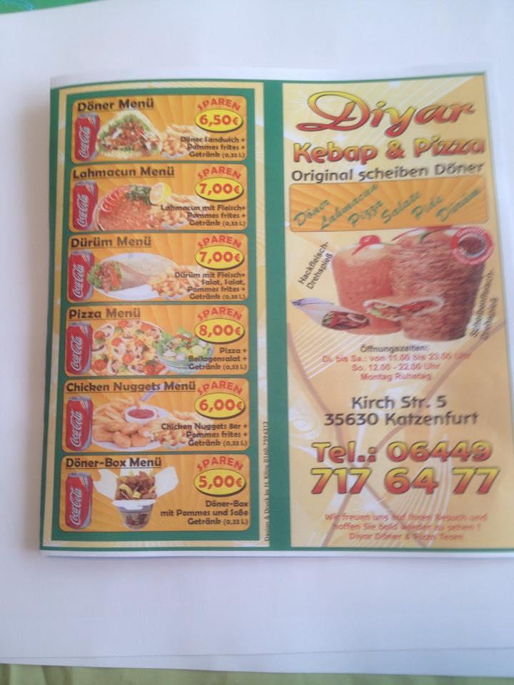 Menu at Diyar Kebap restaurant, Sinn, Kirs str2
