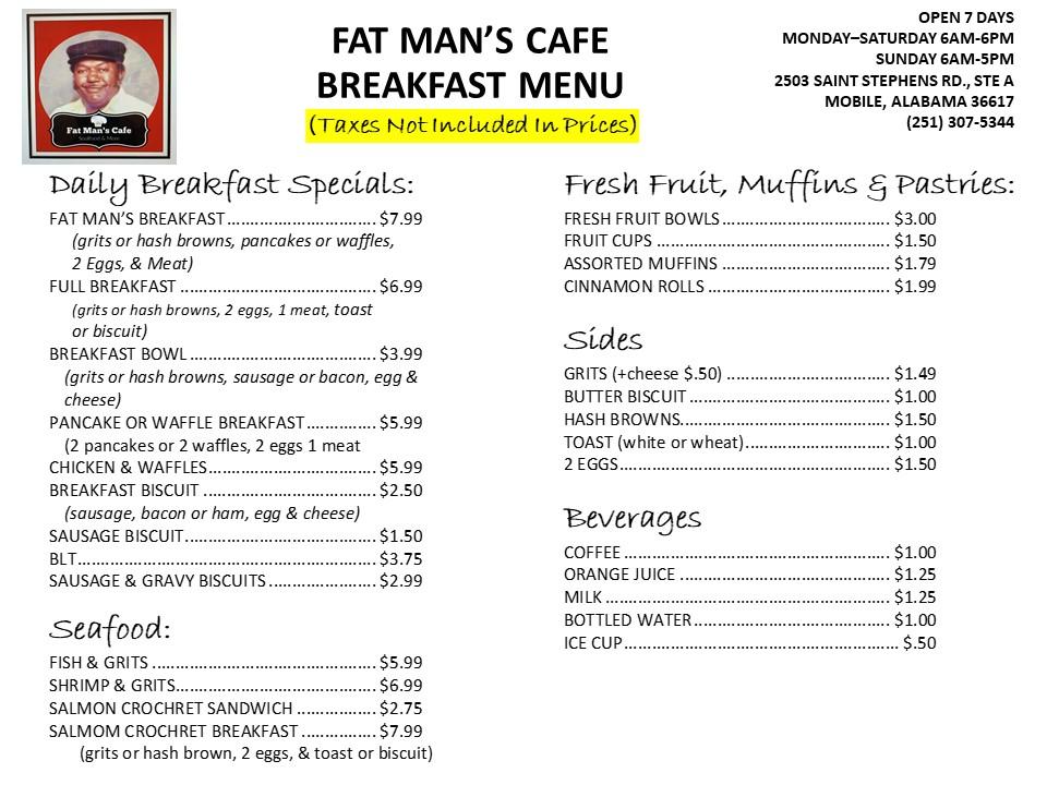 Menu at Fat Man’s Cafe, LLC Mobile AL, Mobile