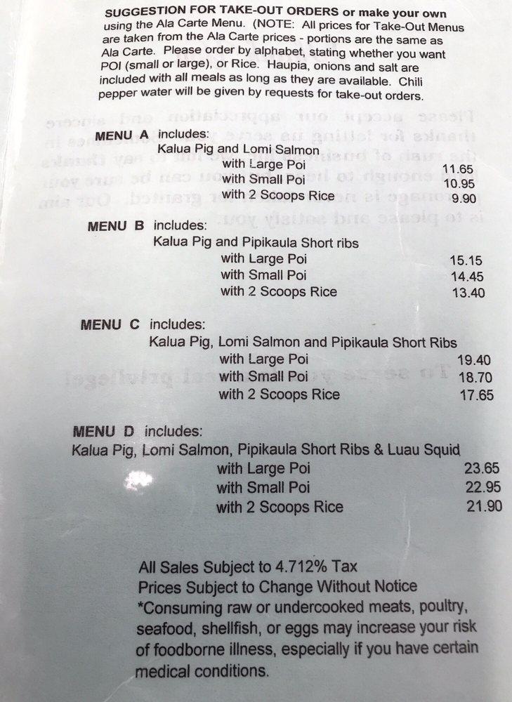 Menu at Helena's Hawaiian Food restaurant, Honolulu