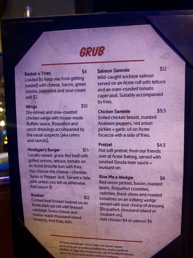 Menu at Hooligans Pub, Boise