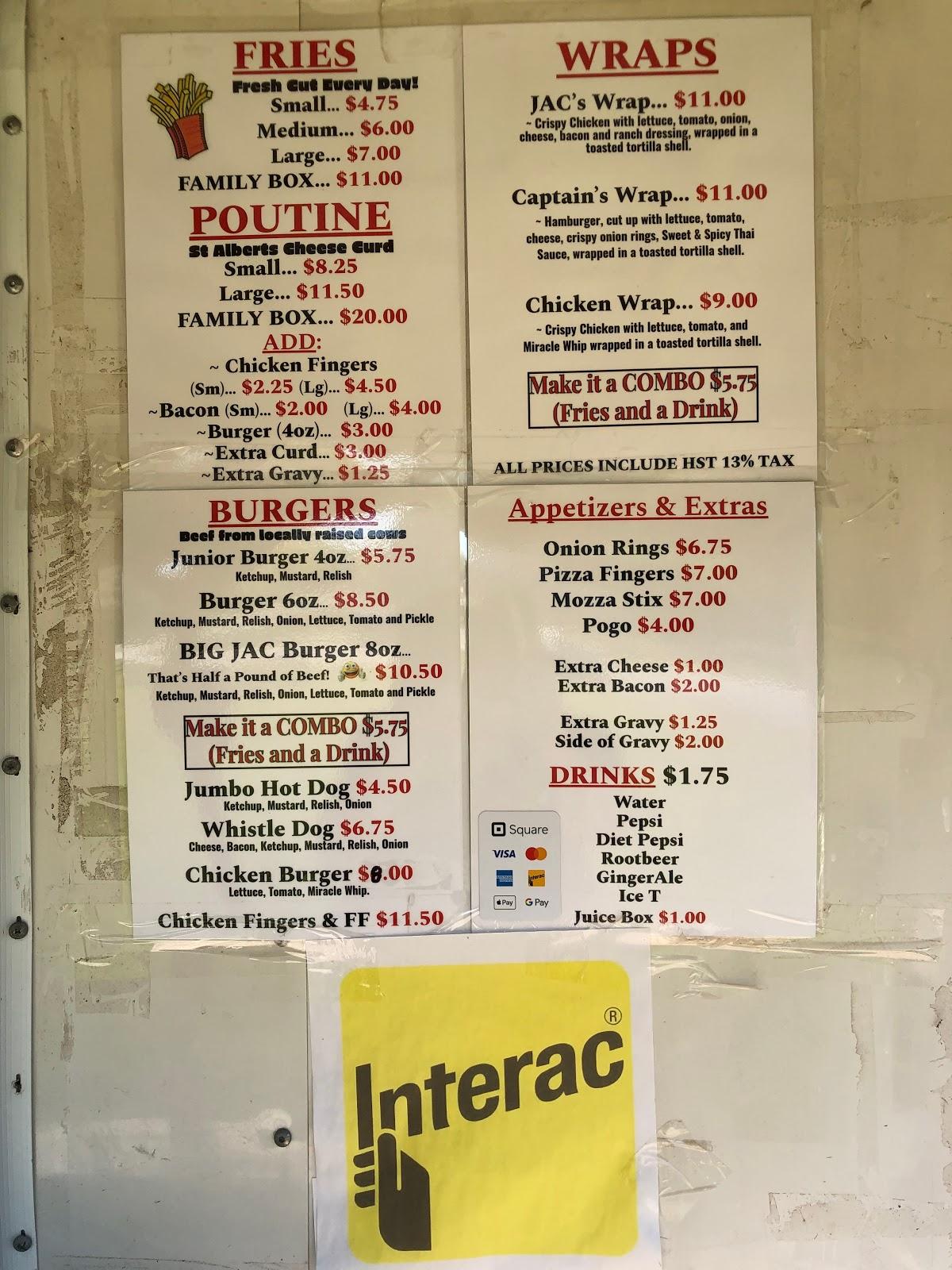 Menu at JAC's Chip Wagon fast food, Newboro