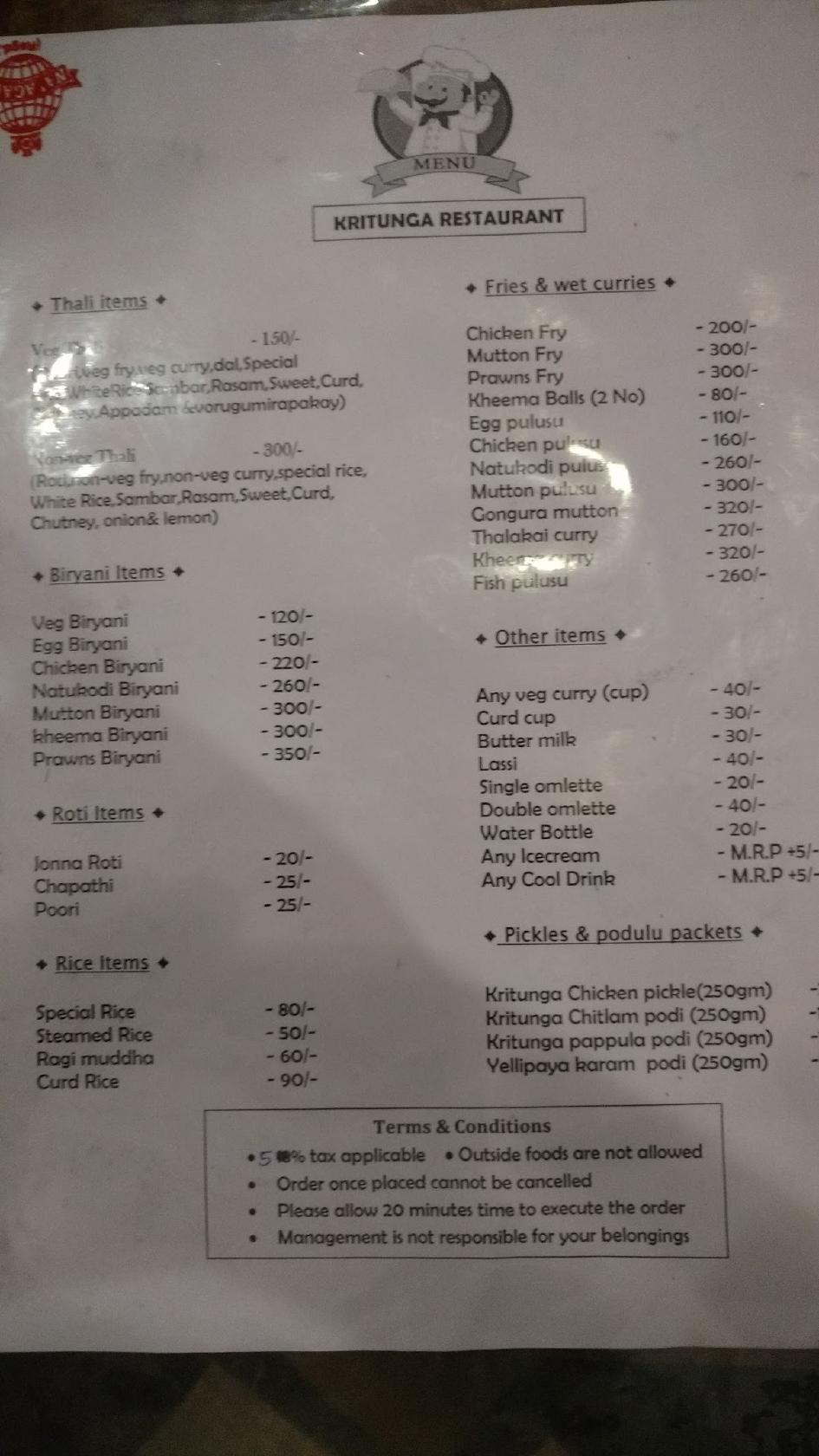 Menu at Kritunga Restaurant, Kurnool