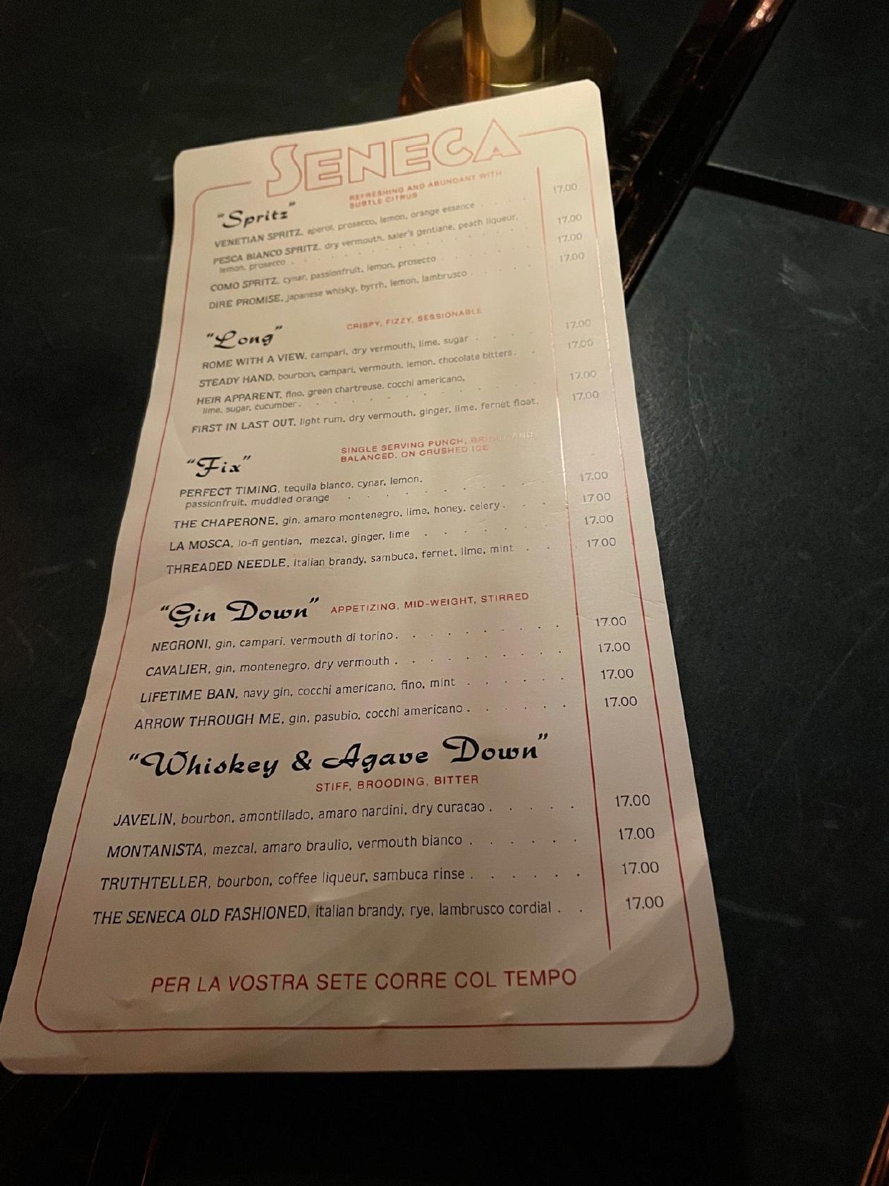 Menu at Seneca Trattoria restaurant, San Diego