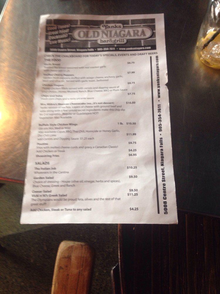 Menu at Yank's Old Niagara Bar & Grill, Niagara Falls