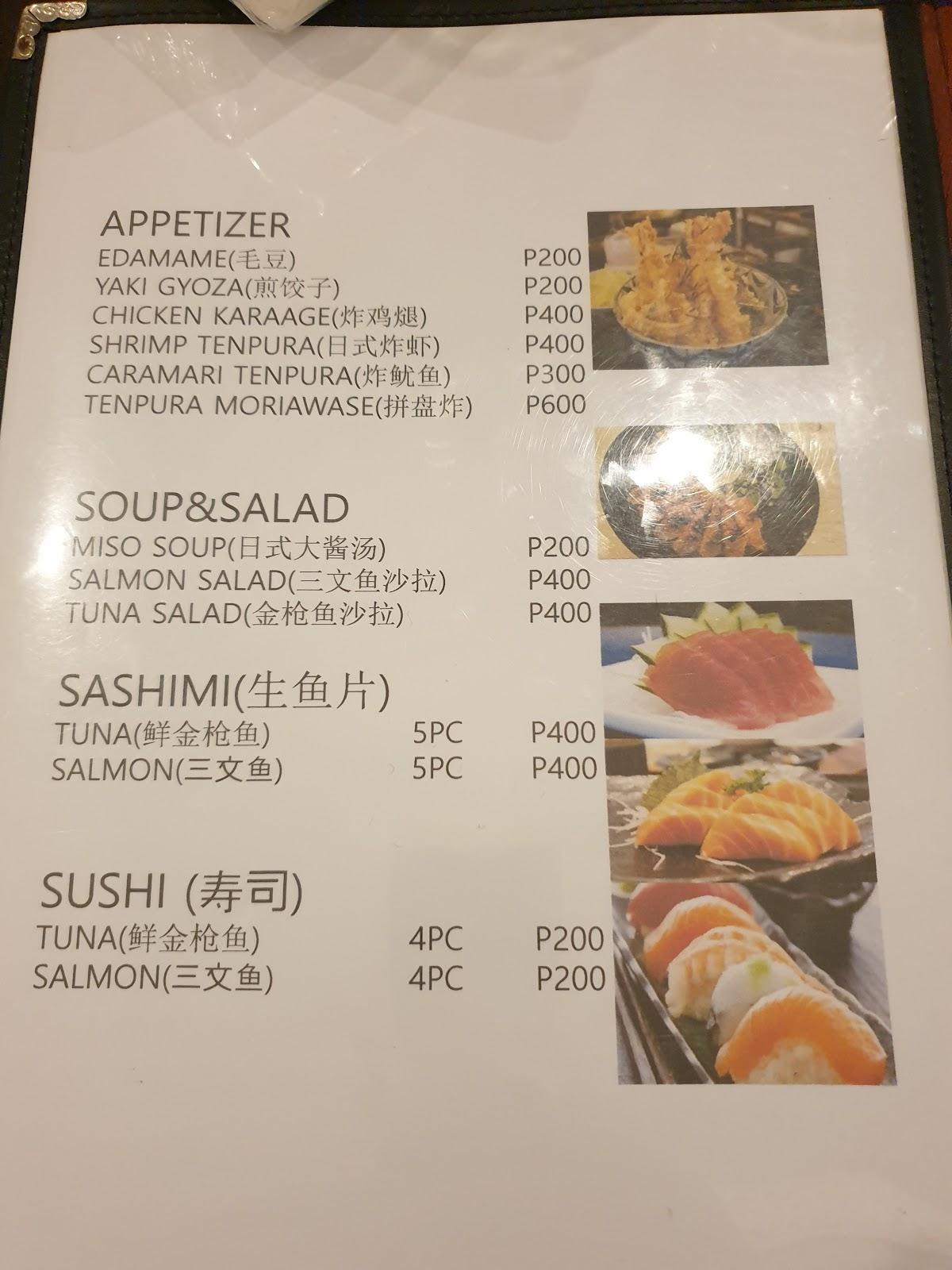 Menu at Yuki restaurant, Lapu-Lapu City