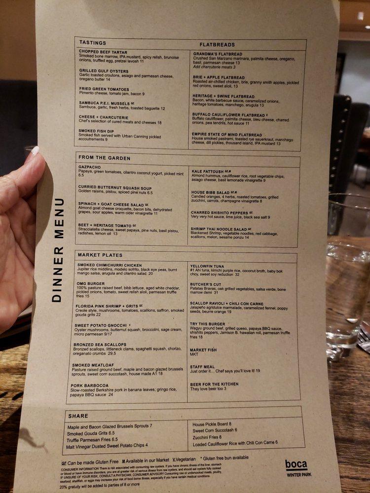 Menu at Boca pub & bar, Winter Park
