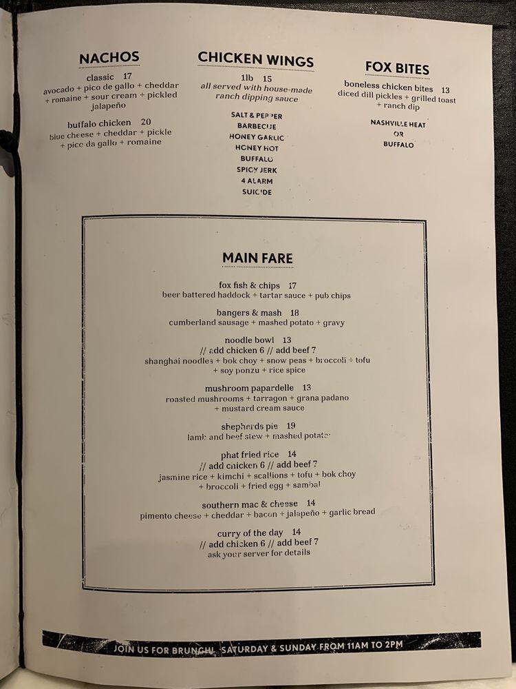 Menu at Fox on John pub & bar, Toronto, 106 John St #3