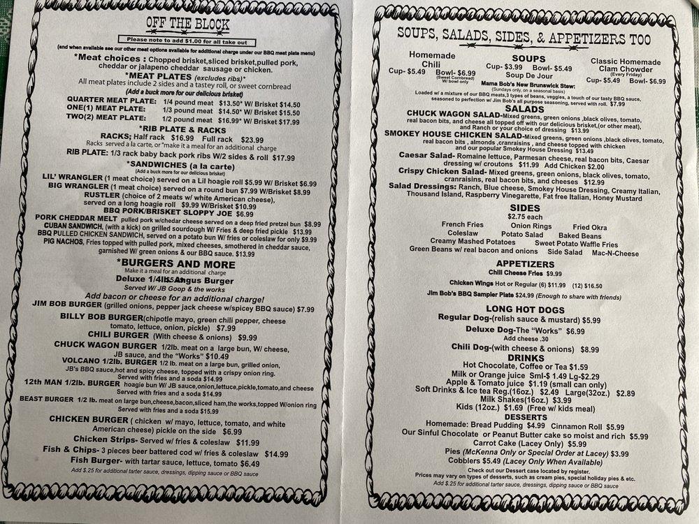 Menu at Jim Bob's Chuck Wagon BBQ, McKenna