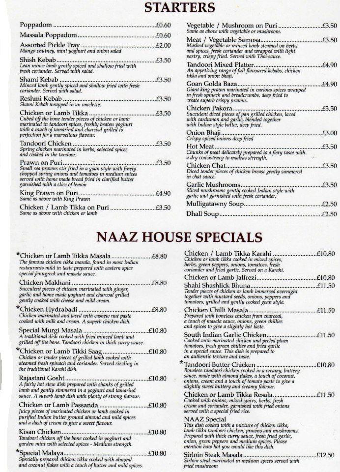 Menu at Naaz Indian Cuisine restaurant, Ulverston