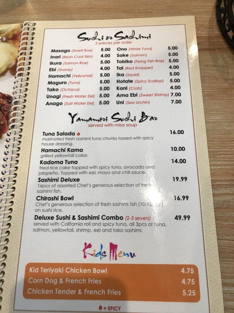 Menu at Yamamori Japanese Restaurant, Dinuba