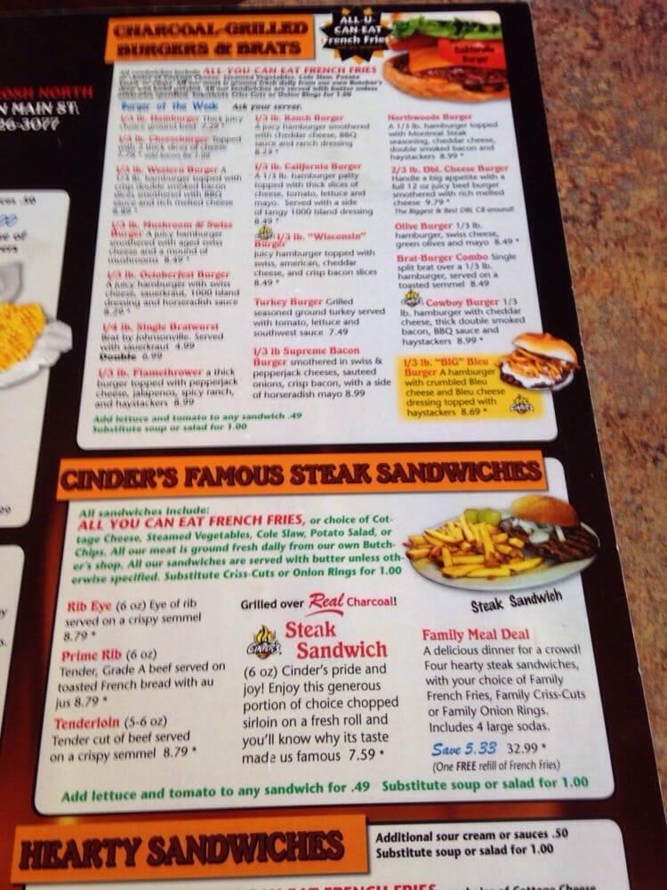 Carta del restaurante Cinders Charcoal Grill, Oshkosh