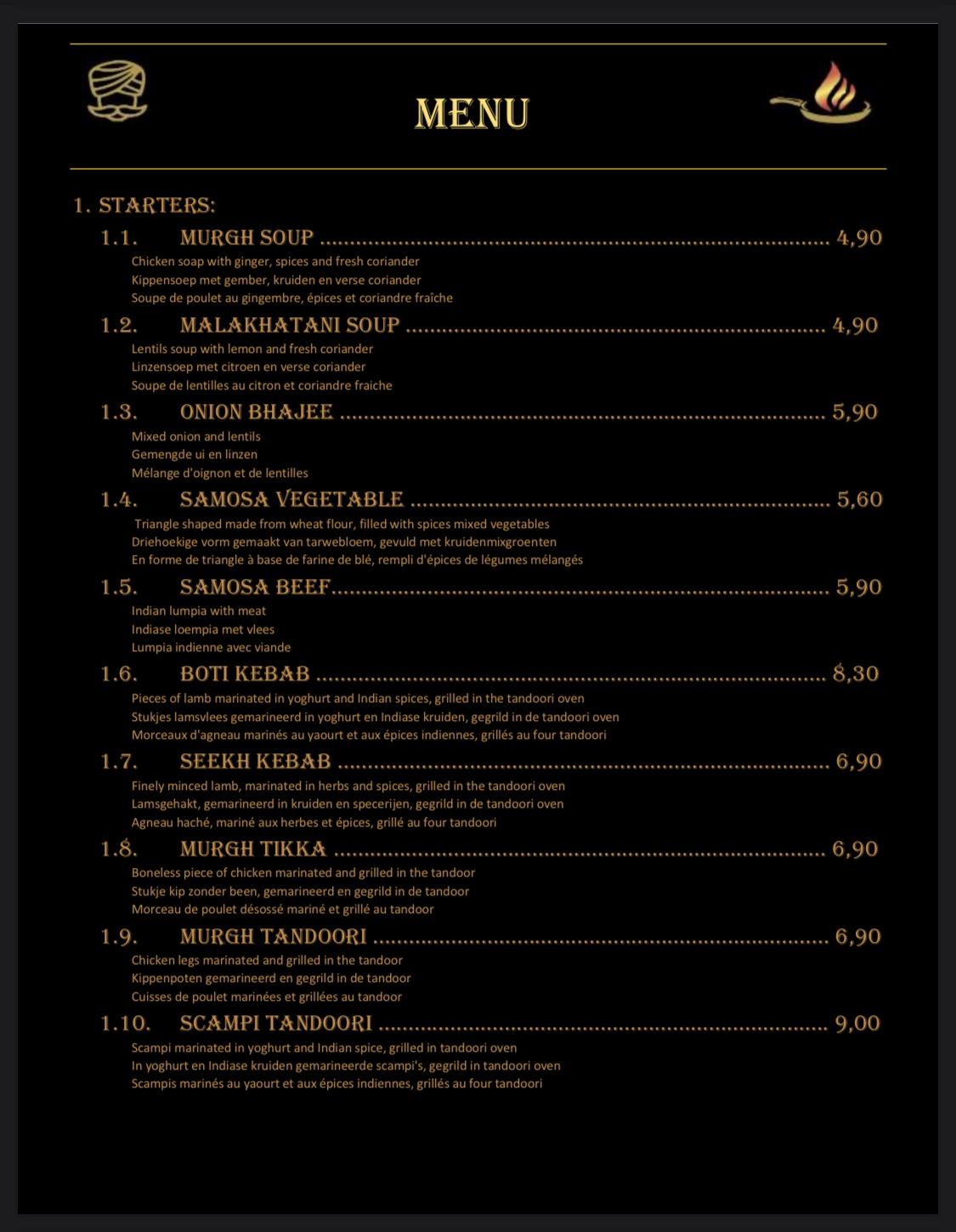 Menu at Curry Masala, Mechelen