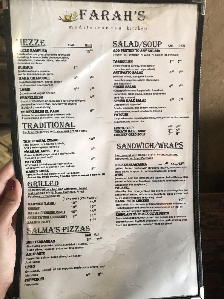 Menu at Farah's Mediterranean restaurant, El Paso