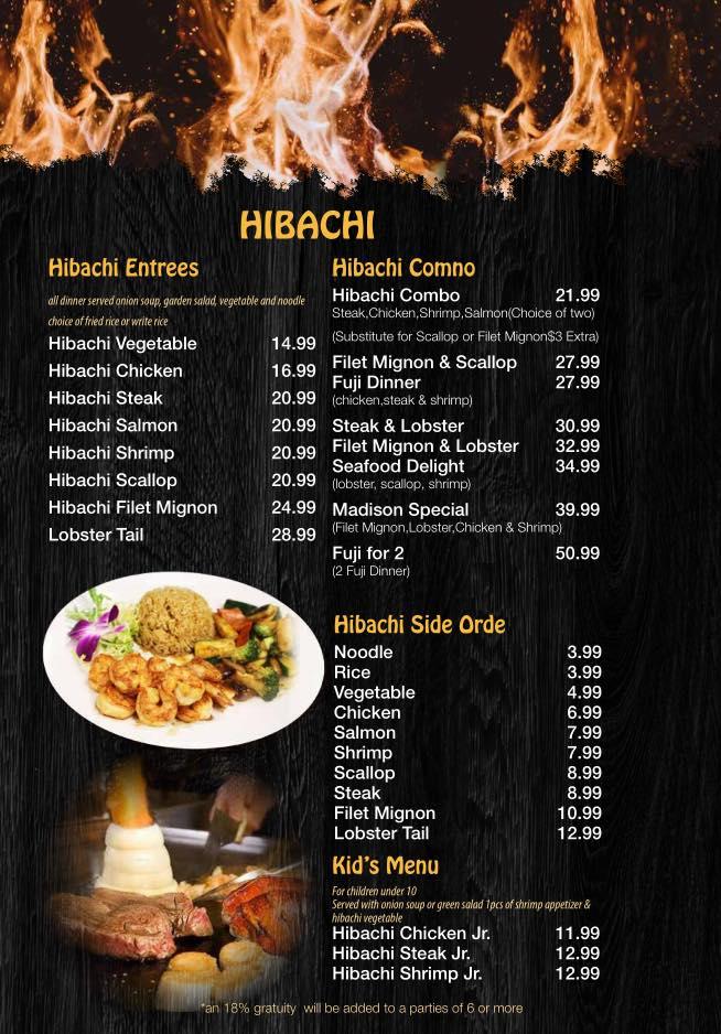Menu at Fuji Hibachi Sushi Asian Bistro restaurant, Oneida
