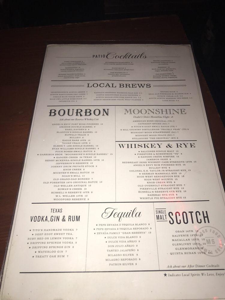 Menu at Moonshine Grill pub & bar, Austin, 303 Red River St