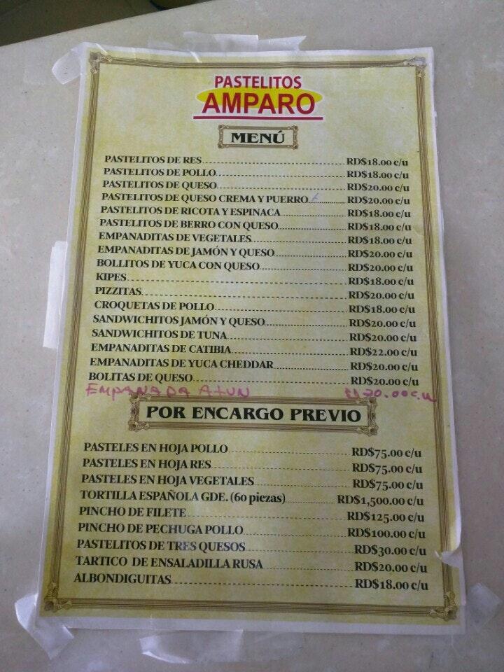 Menu at Pastelitos Amparo restaurant, Santo Domingo