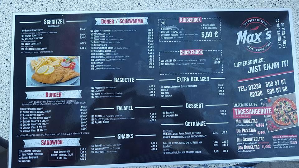 Carta de Pizza Max's Wesseling, Wesseling