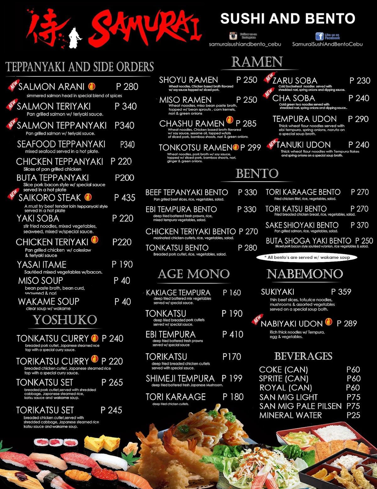 Carta del restaurante Samurai Sushi & Bento Cebu, Cebú