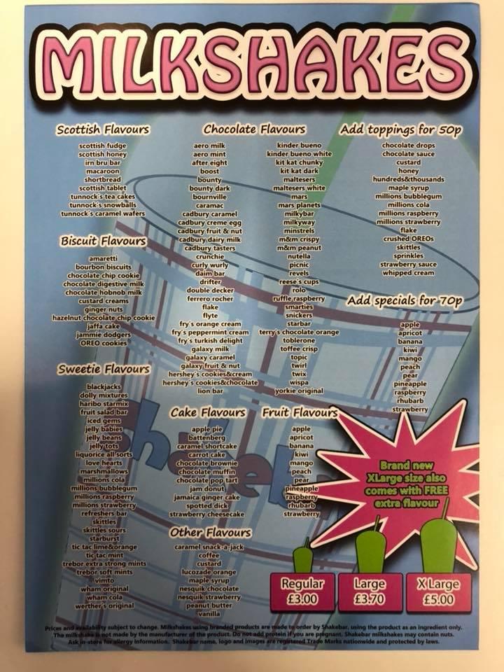 Menu at Shake Bar, Livingston
