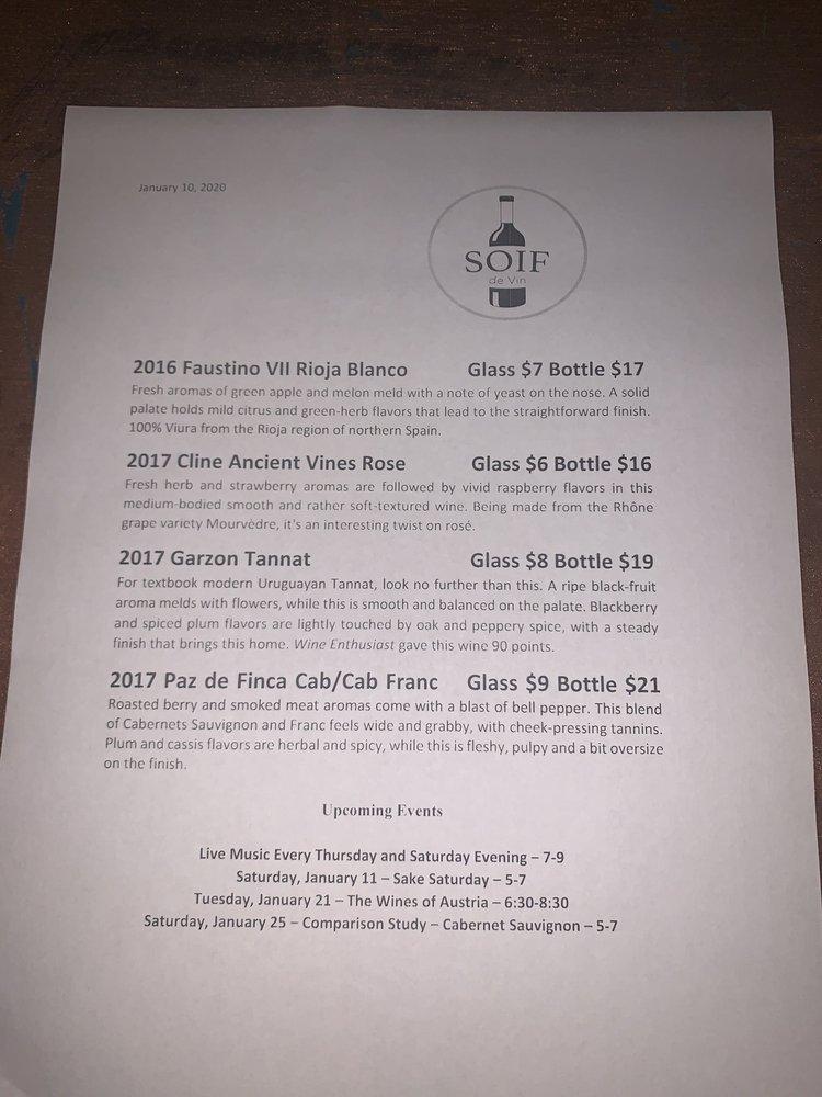Menu at Soif De Vin pub & bar, Wilmington