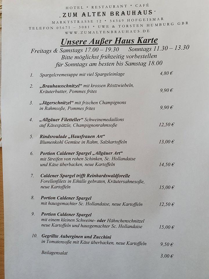 Menu at Zum Alten Brauhaus, Hofgeismar