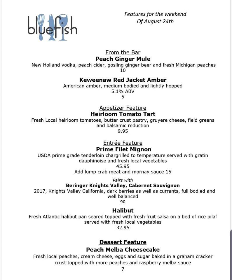 Menu at Bluefish Kitchen + Bar, Manistee