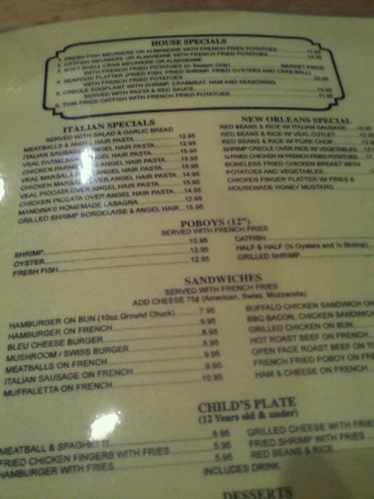 Menu at Mandina's Restaurant, Mandeville