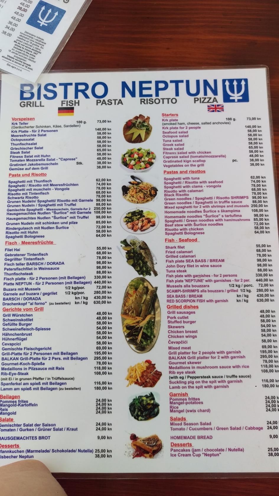Menu at Neptun restaurant, Krk