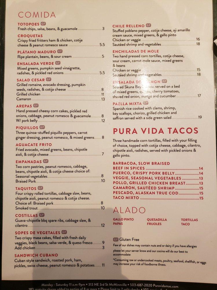 Carta del restaurante Pura Vida Cocina, McMinnville