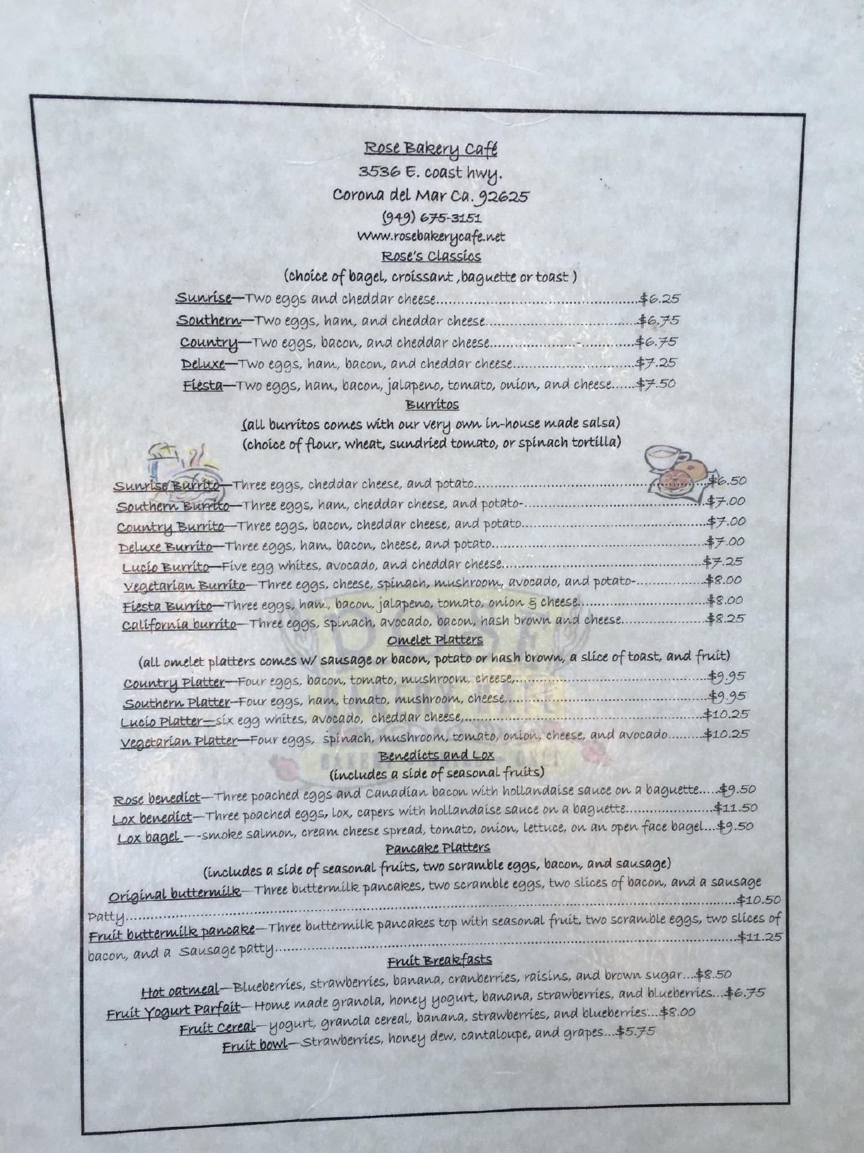 Menu at Rose Bakery Cafe, Newport Beach
