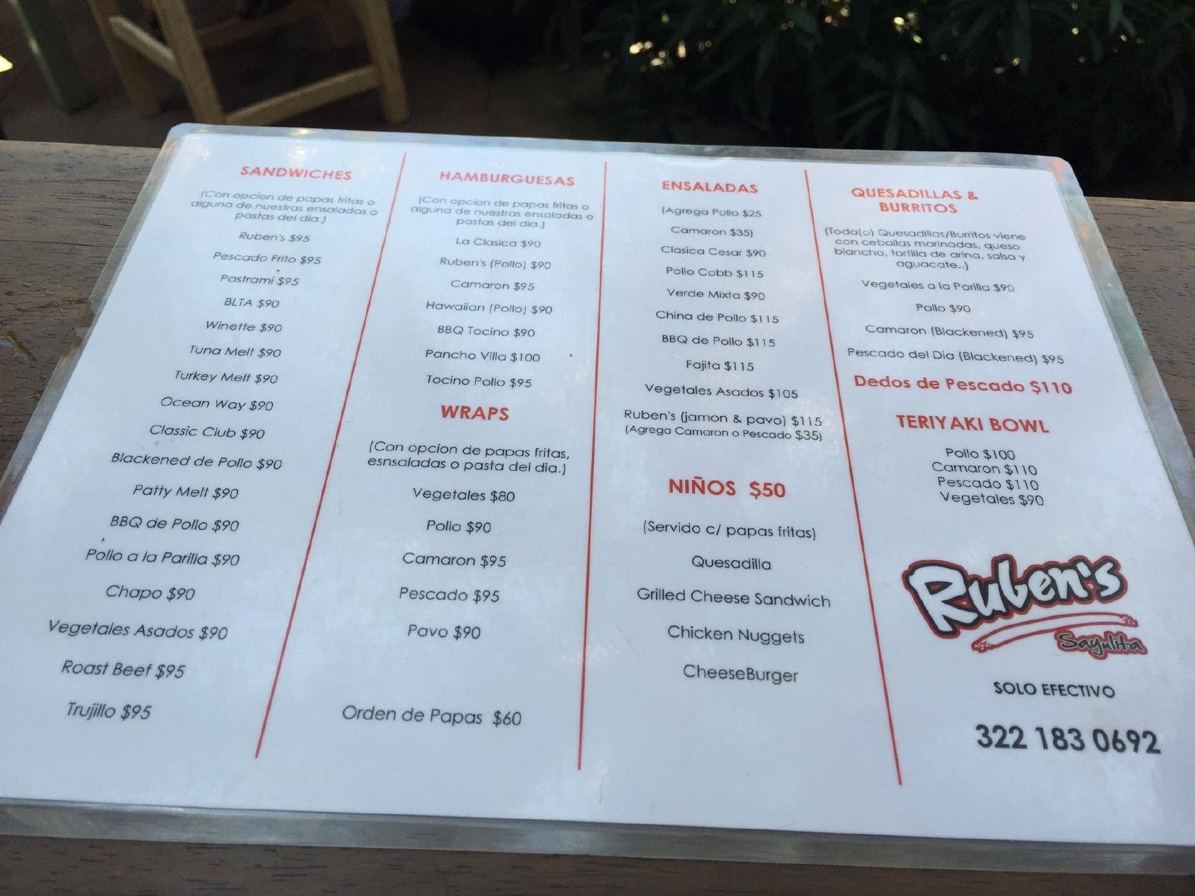 Carta del restaurante Ruben's, Sayulita