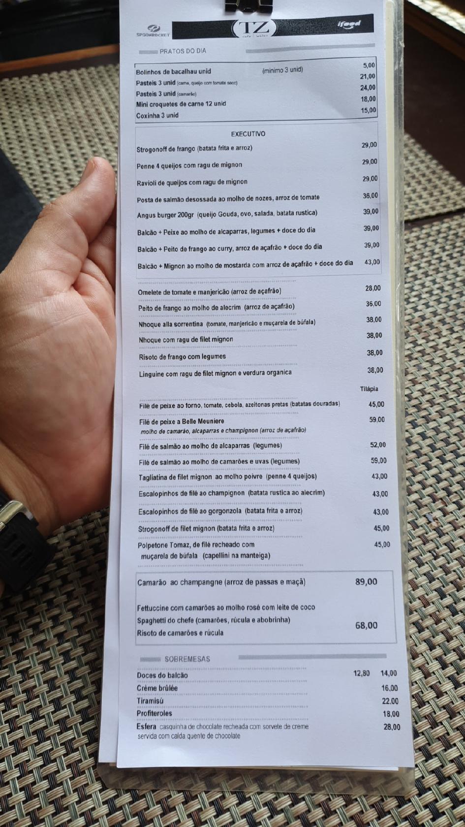 Menu at TZ Leblon restaurant, Rio de Janeiro, Rua Conde de Bernadotte