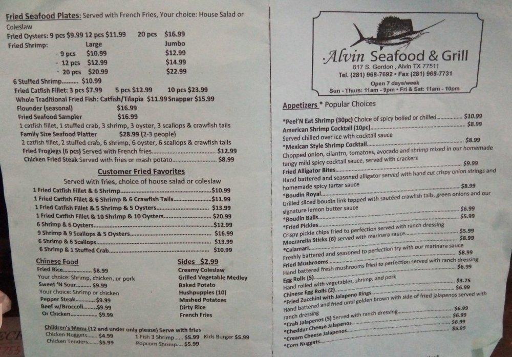 Menu at Alvin Seafood & Grill restaurant, Alvin, 617 S Gordon St