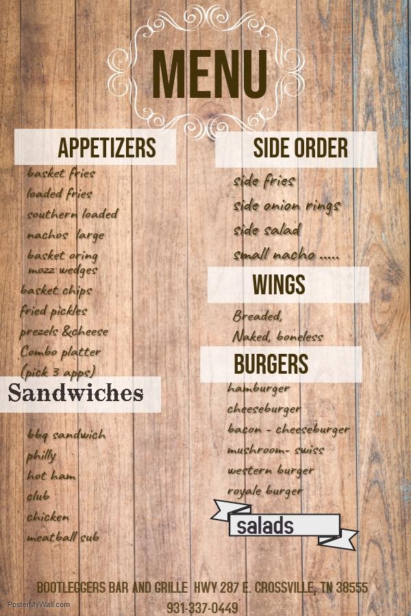 Menu at Bootleggers Bar & Grille Home of the Big Deck Patio, Crossville