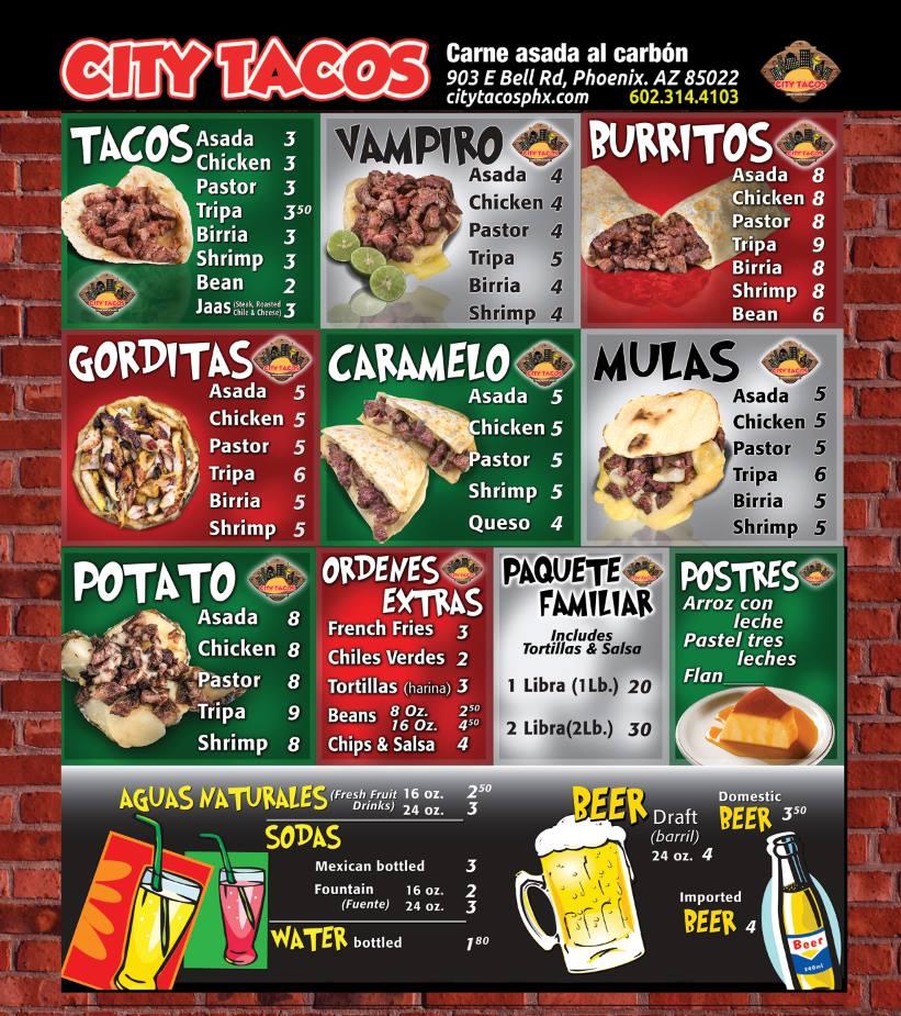Menu at City Tacos restaurant, Phoenix