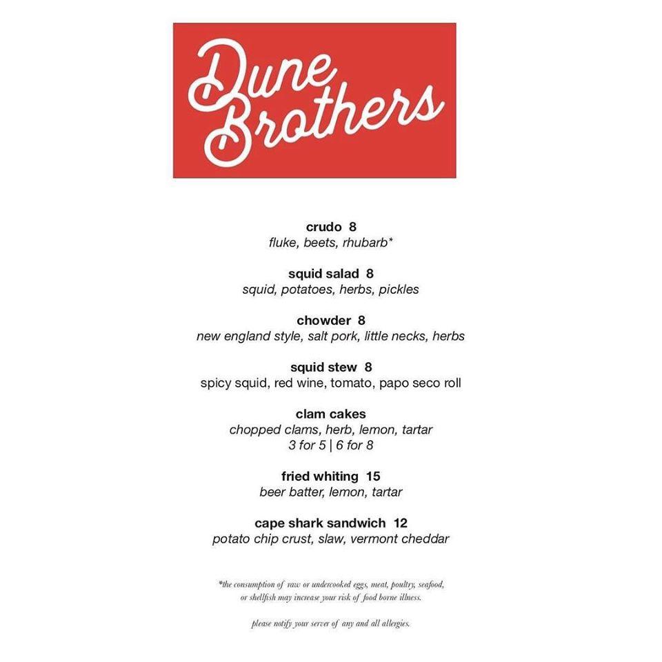 Menu at Dune Brothers Seafood restaurant, Providence