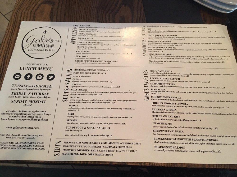Menu at Gabe's Downtown pizzeria, Douglasville