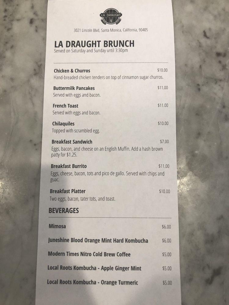 Menu at LA Draught pub & bar, Santa Monica