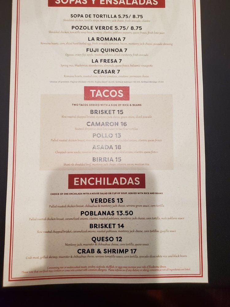 Menu at Madre's Mexican Kitchen restaurant, Tulsa