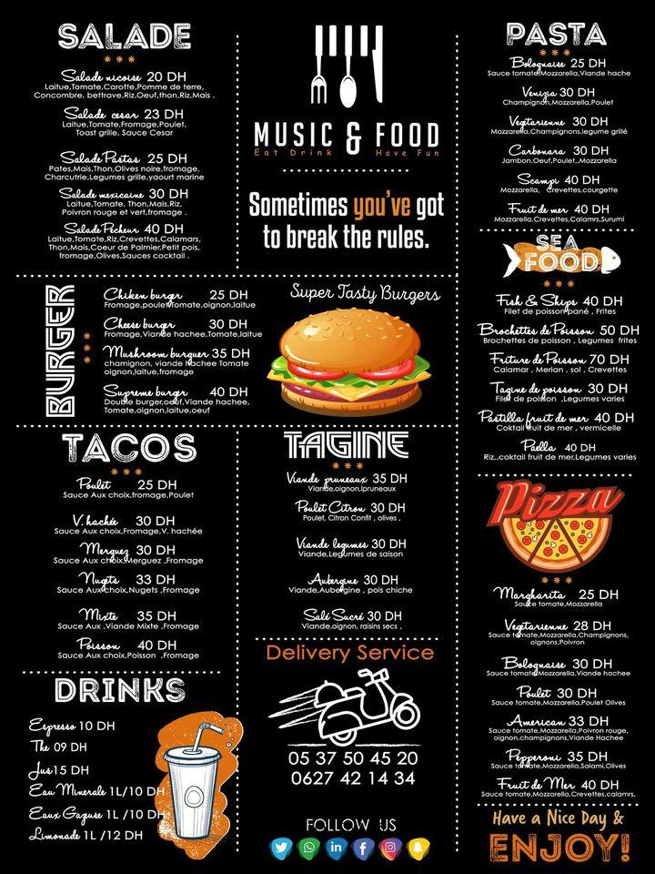 Menu at Music & Food restaurant, Sidi Slimane