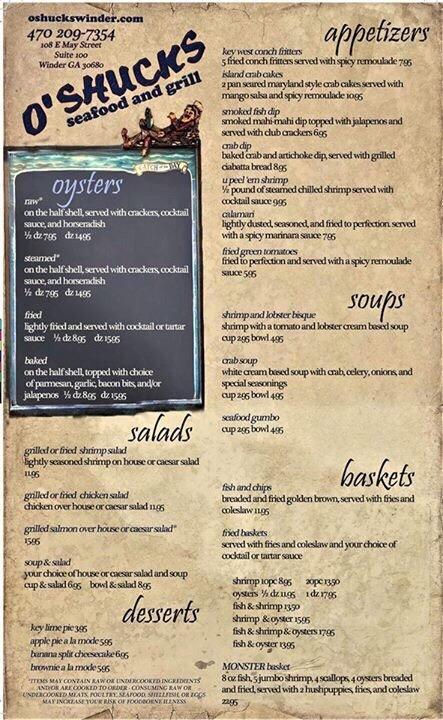 Menu at O'Shucks Seafood & Grill restaurant, Winder